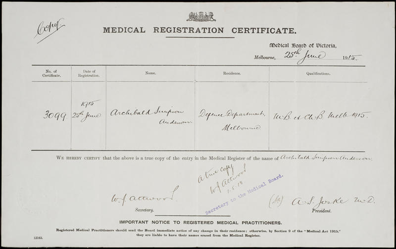 Medical Registration Certificate no 3099 issued to Dr Archibald Simpson ...