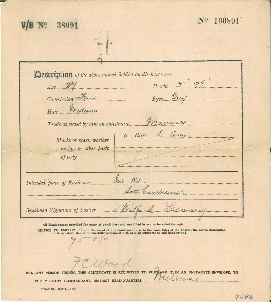 Certificate of discharge for Warrant Officer Wilfred Leeming (1892-1955 ...