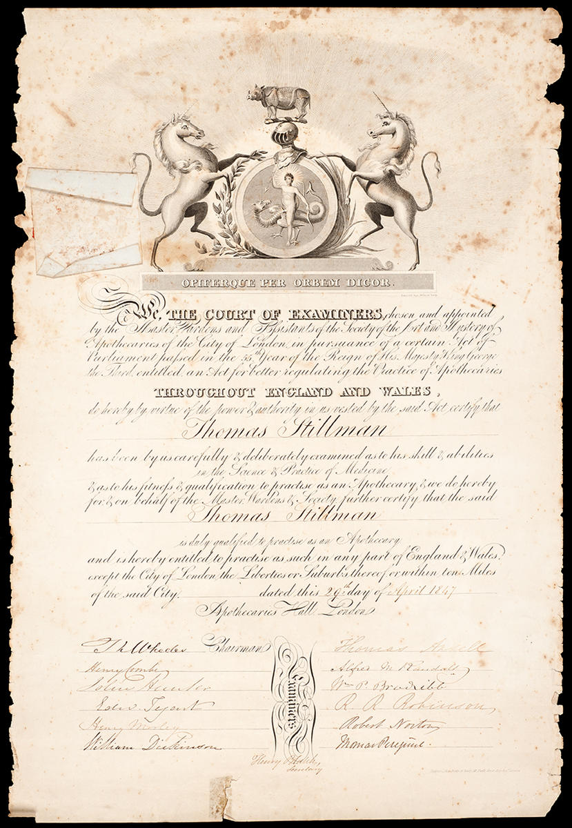 Certificate to practice as an apothecary, awarded Thomas Stillman (1826 ...