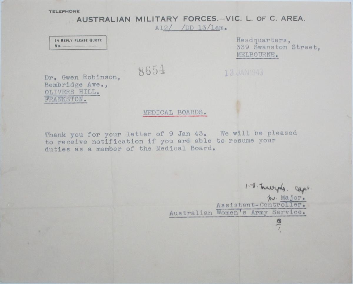 Typewritten letter from the Australian Military Forces - Faculty of ...