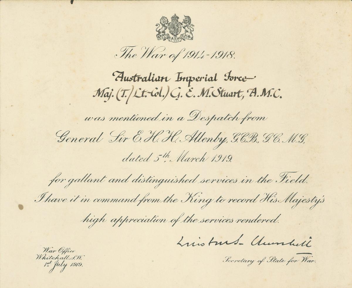 Certificate of award relating to the First World War Service of Major ...