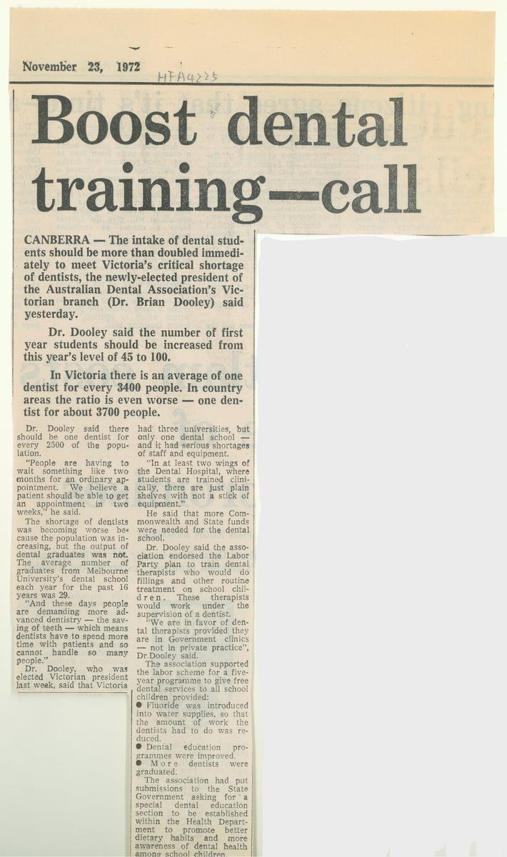 "Boost dental training - call" newspaper cutting - Faculty of Medicine ...