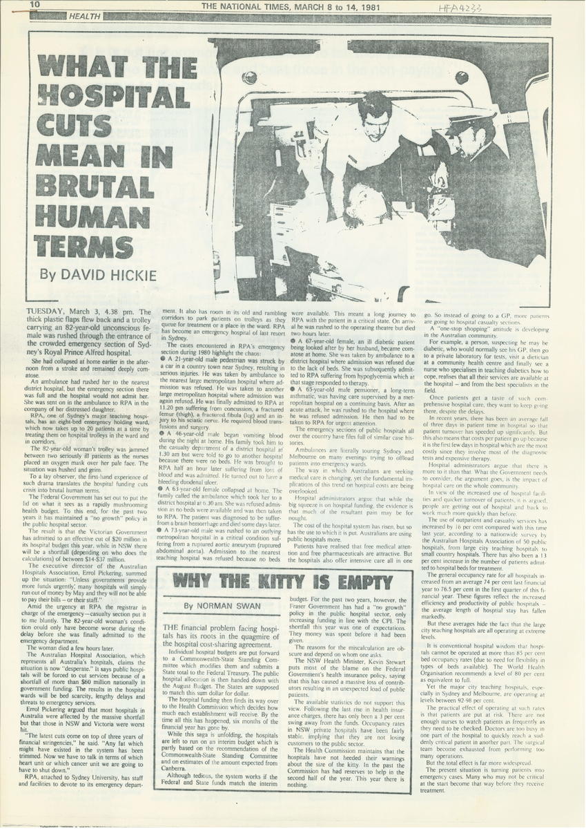 "What the hospital cuts mean in brutal human terms" newspaper cutting ...