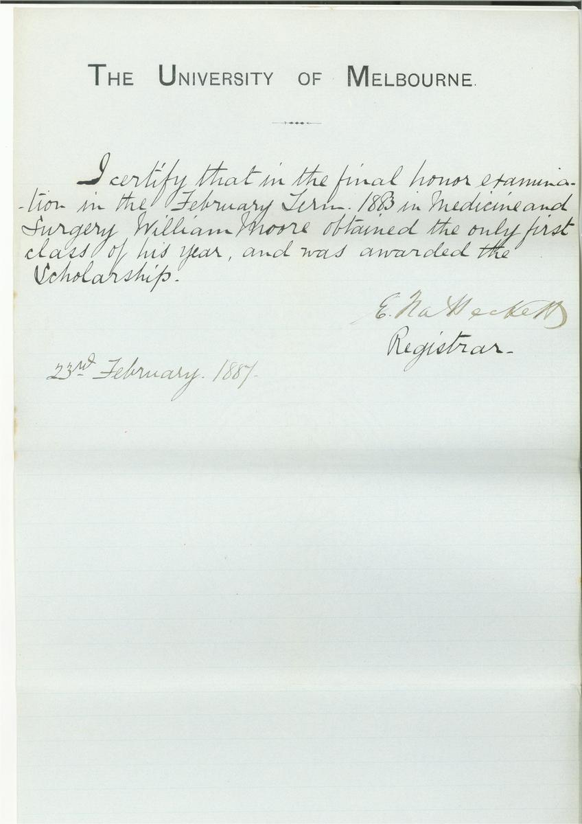 Certification of William Moore in February Term 1883 passed examination ...