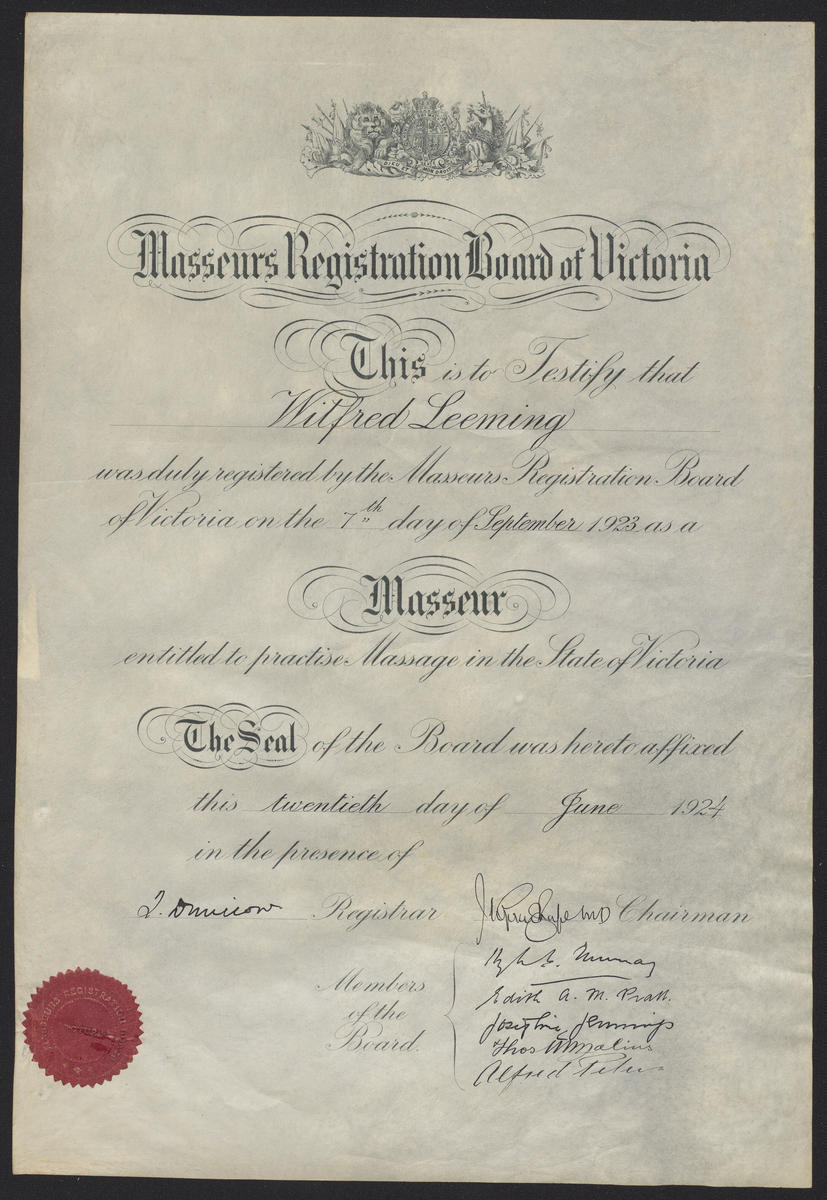 Registration certificate with seal provided to Mr Wilfrid Leeming (1892 ...