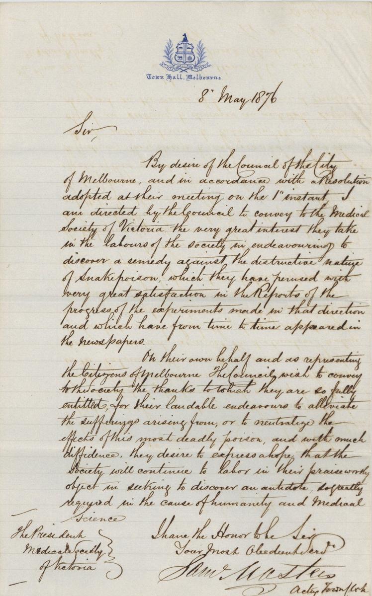 Letter to The President, Medical Society of Victoria from the Town Hall ...