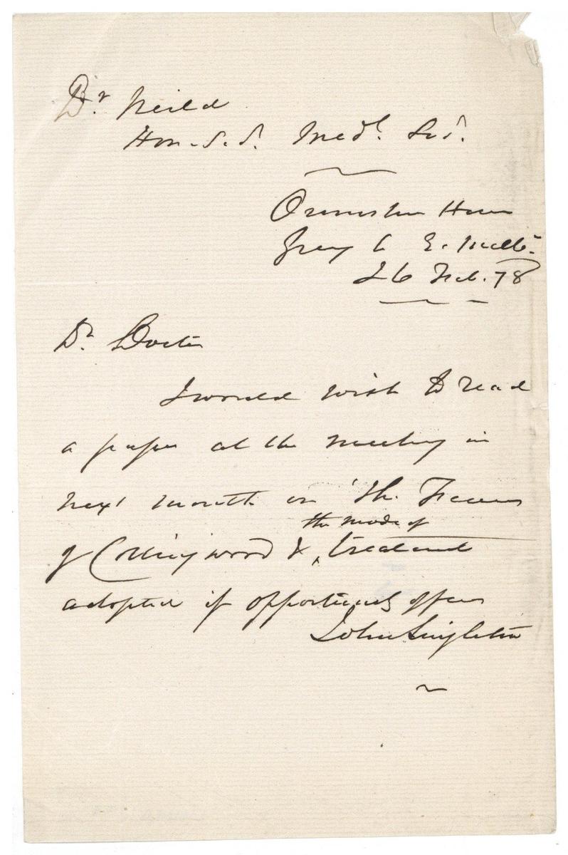 Letter to Dr Neild from Dr J Singleton, 1878 - Faculty of Medicine ...