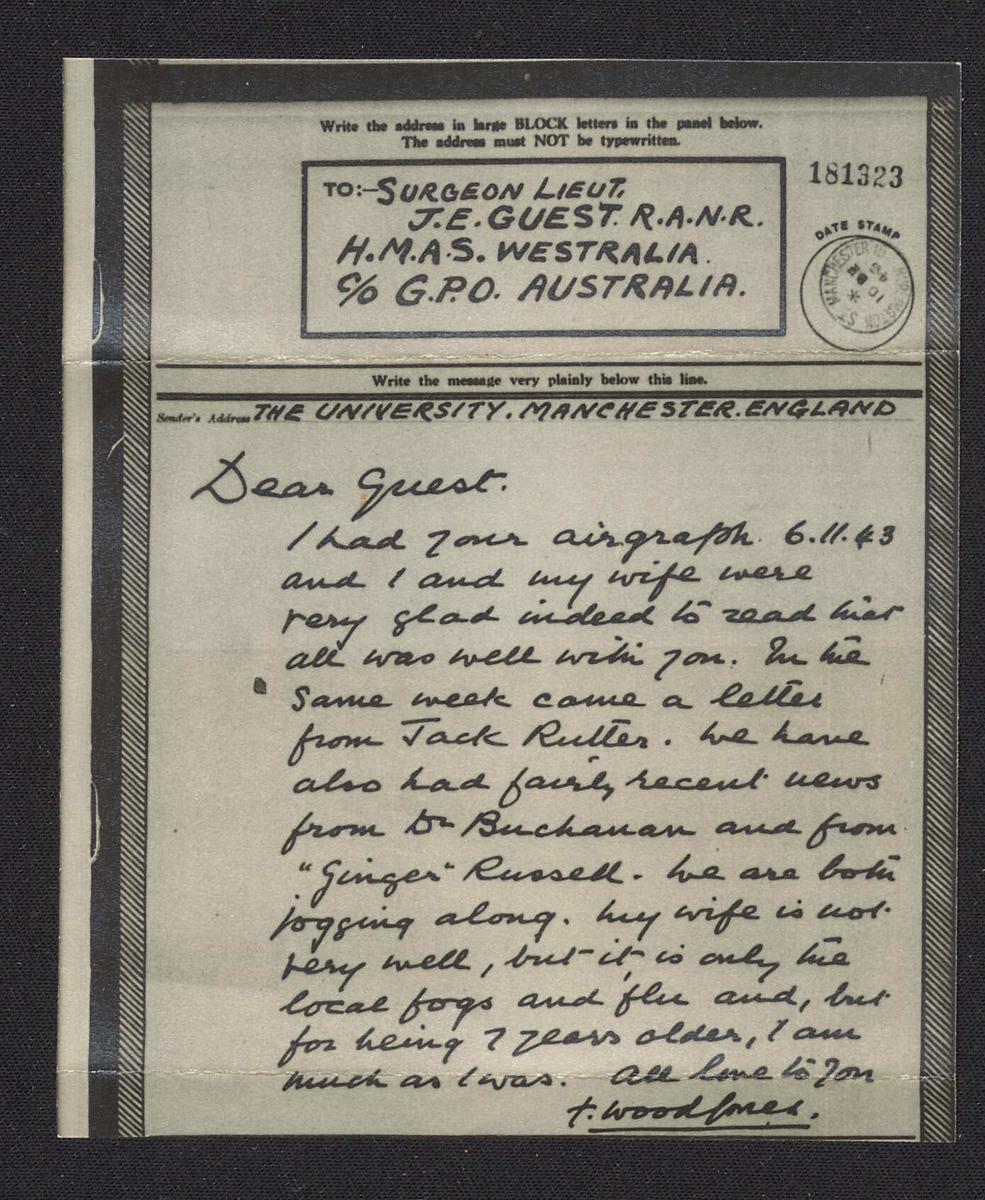Airgraph from F Wood Jones to James Guest - Faculty of Medicine ...