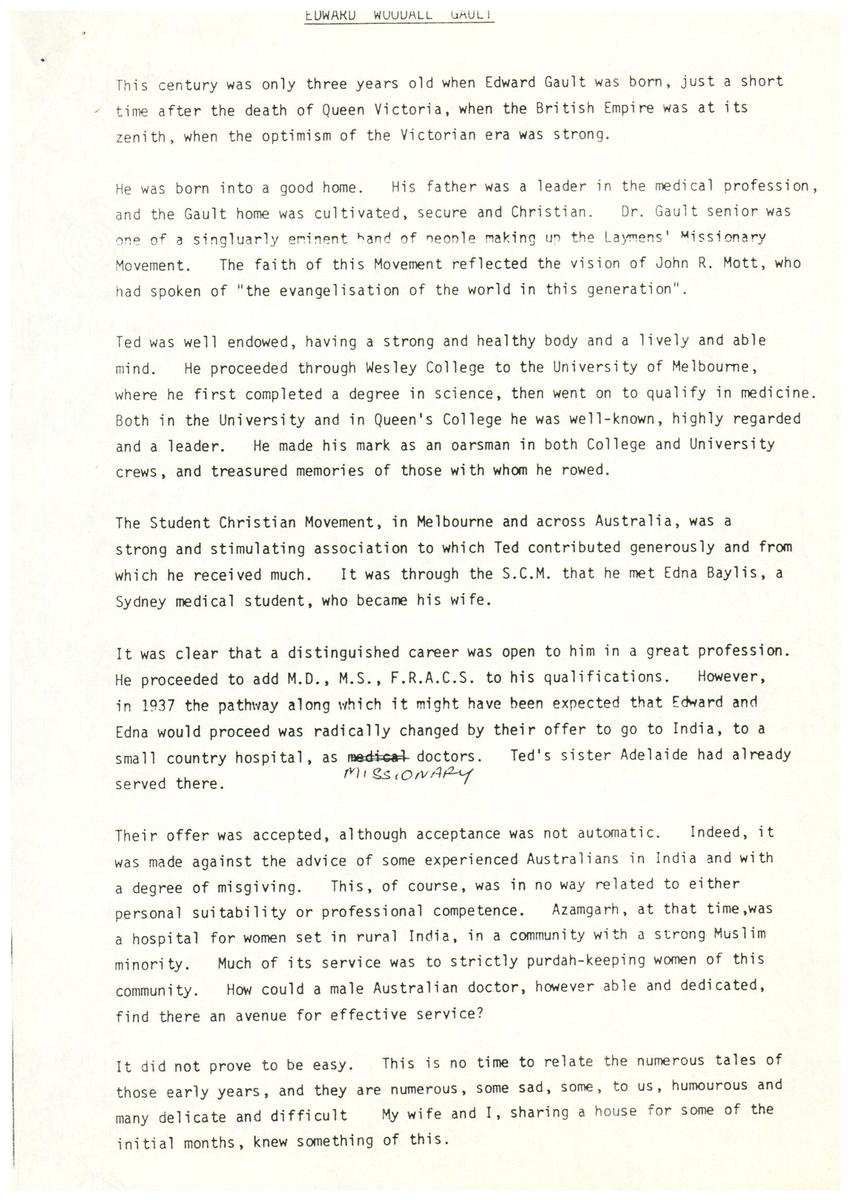 Edward Woodall Gault (1903-1982) Memorial Service - Faculty of Medicine ...