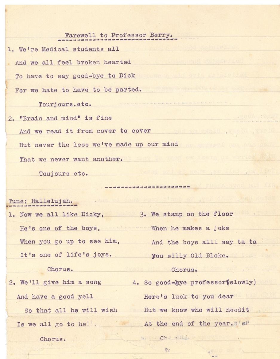 A song to farewell Professor Berry written by the medical students ...