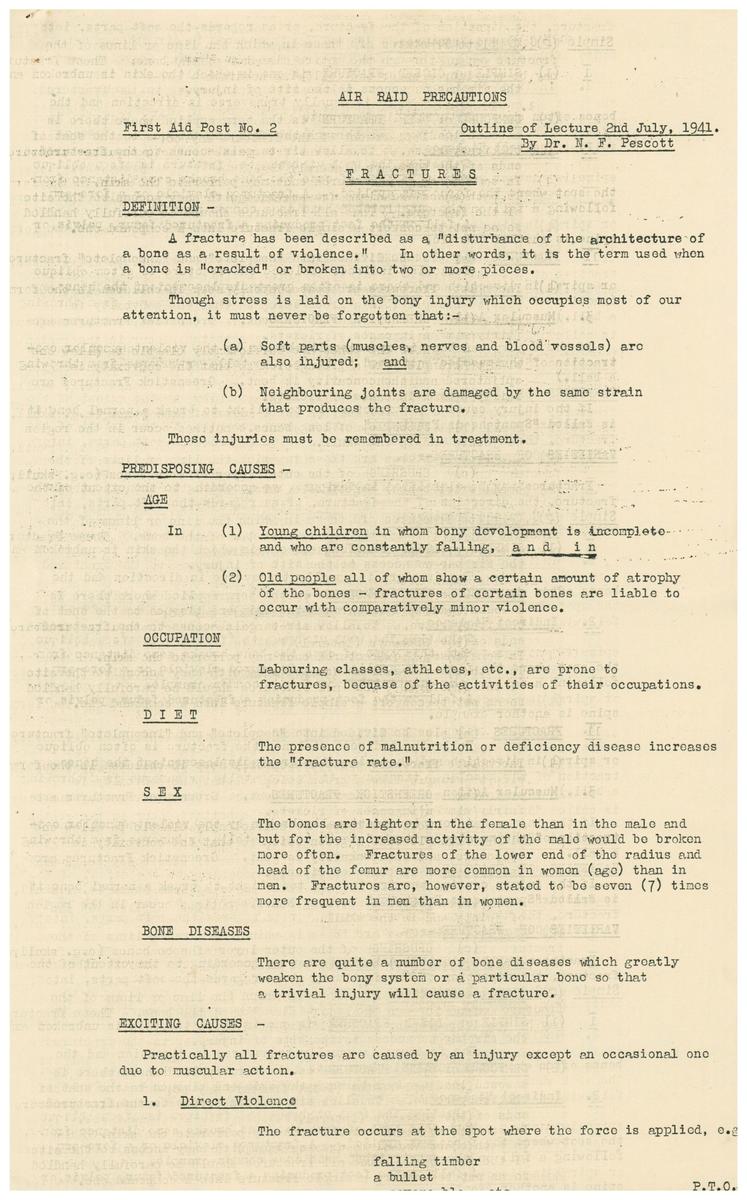 Air Raid Precautions/ First Aid Post No.2 / Outline of Lecture 2nd July ...