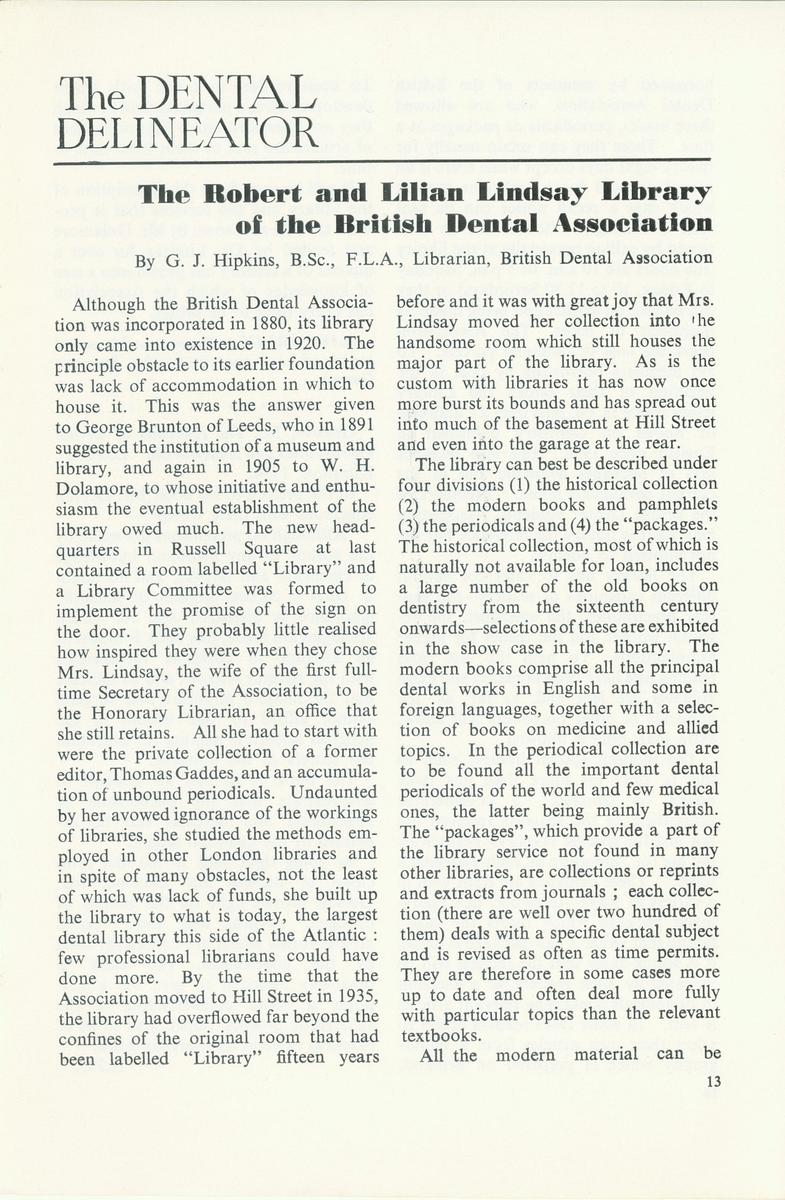 'The Robert and Lilian Lindsay Library of the British Dental ...