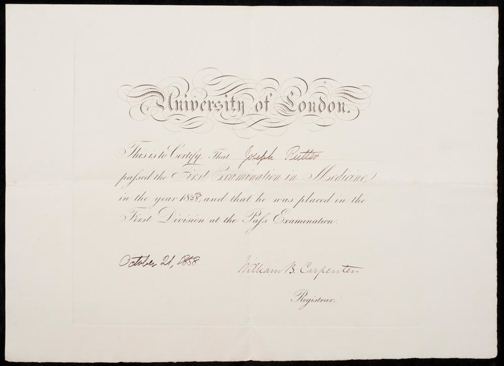 Certificate provided to Joseph Rutter for passing his First Examination ...