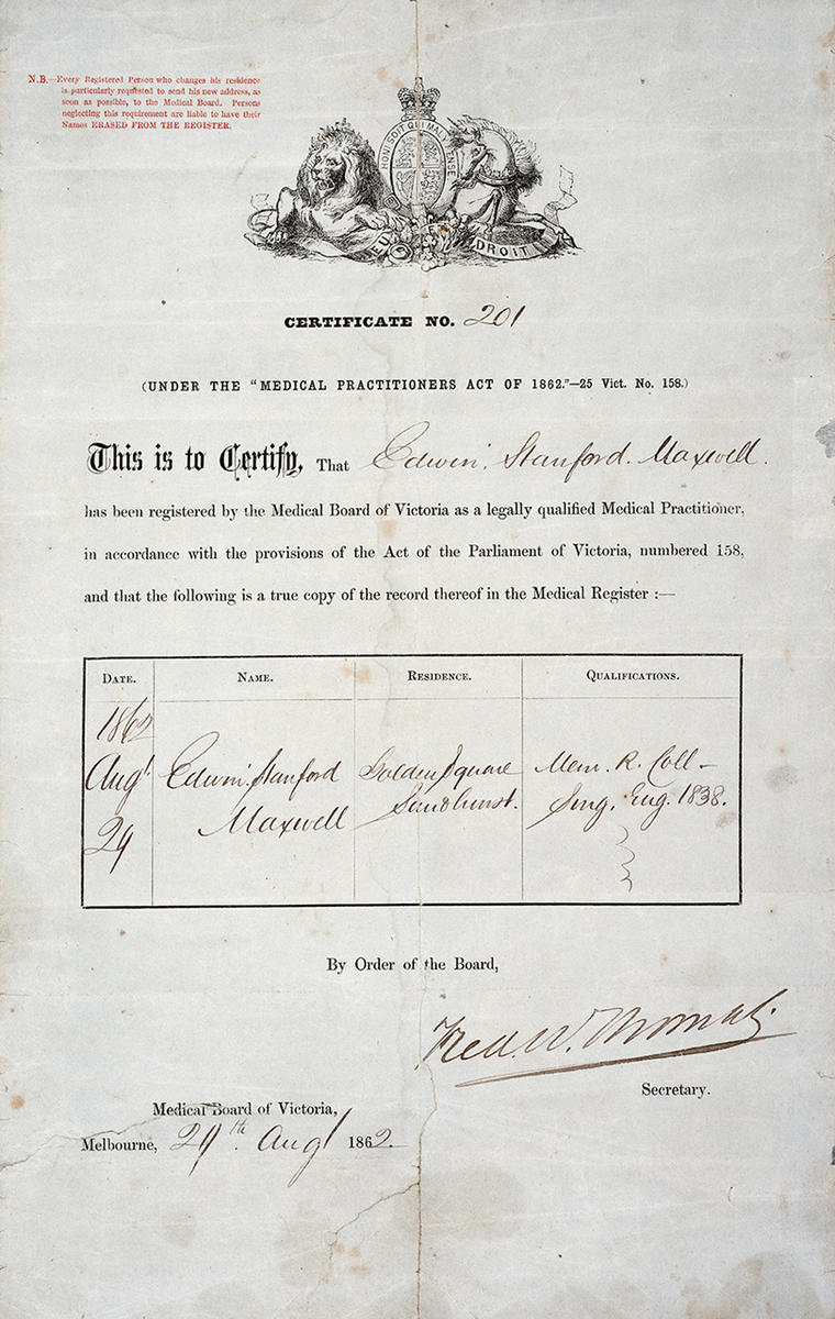 Registration certificate issued to Dr Edwin Stanford Maxwell (1801-1876 ...